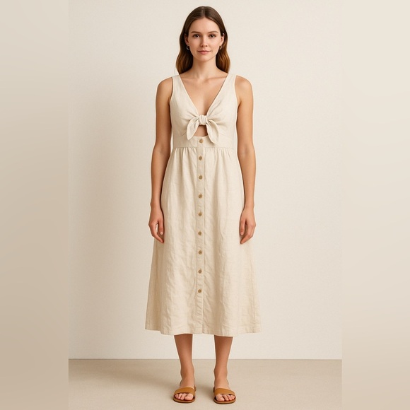 Quince | Dresses | Quince 0 European Linen Tan Sleeveless Midi Tie ...